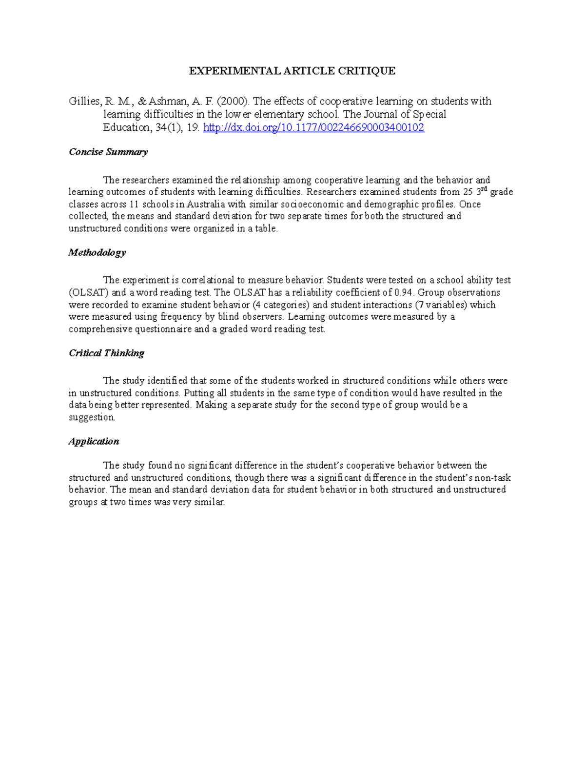 Article Critique 1 - Dr. Smart - EXPERIMENTAL ARTICLE CRITIQUE Gillies ...