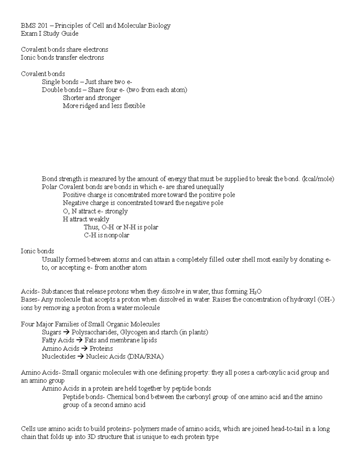 BMS 201 Exam I Study Guide - BMS 201 – Principles of Cell and Molecular Biology Exam I Study ...