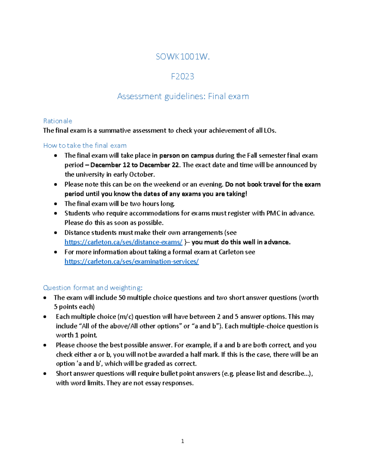 Final exam guidelines - SOWK1001W. F Assessment guidelines: Final exam ...