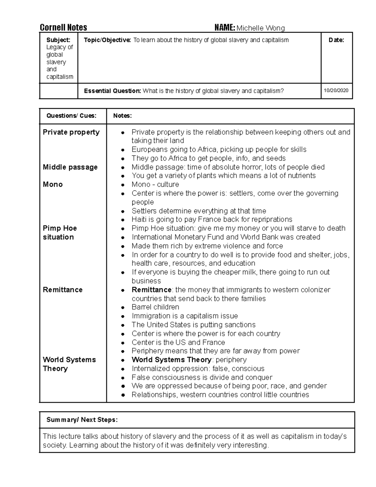 Legacy of global slavery and capitalism - Cornell Notes NAME:Michelle ...