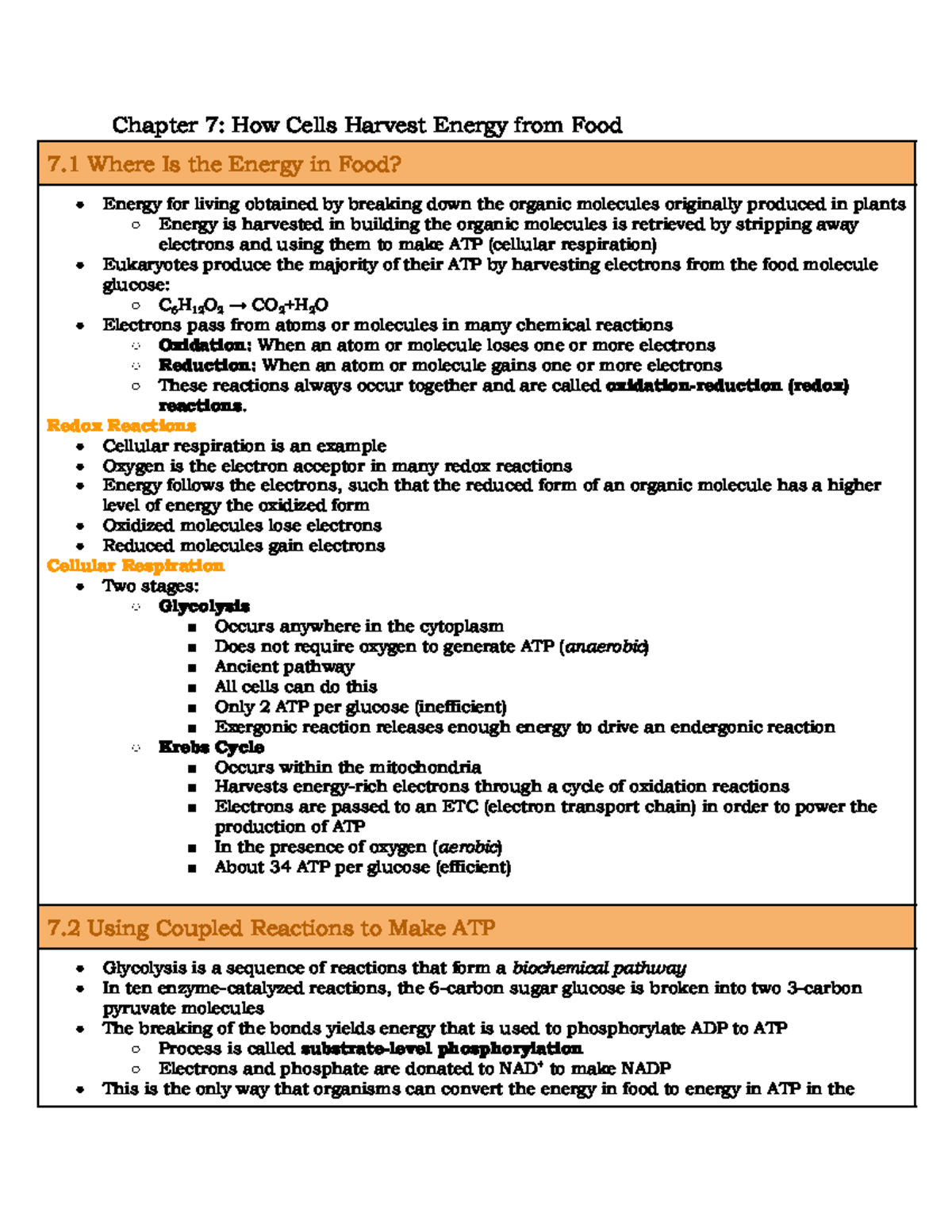 BIOL 100 Chapter 7 Notes - How Cells Harvest Energy From Food - Chapter ...