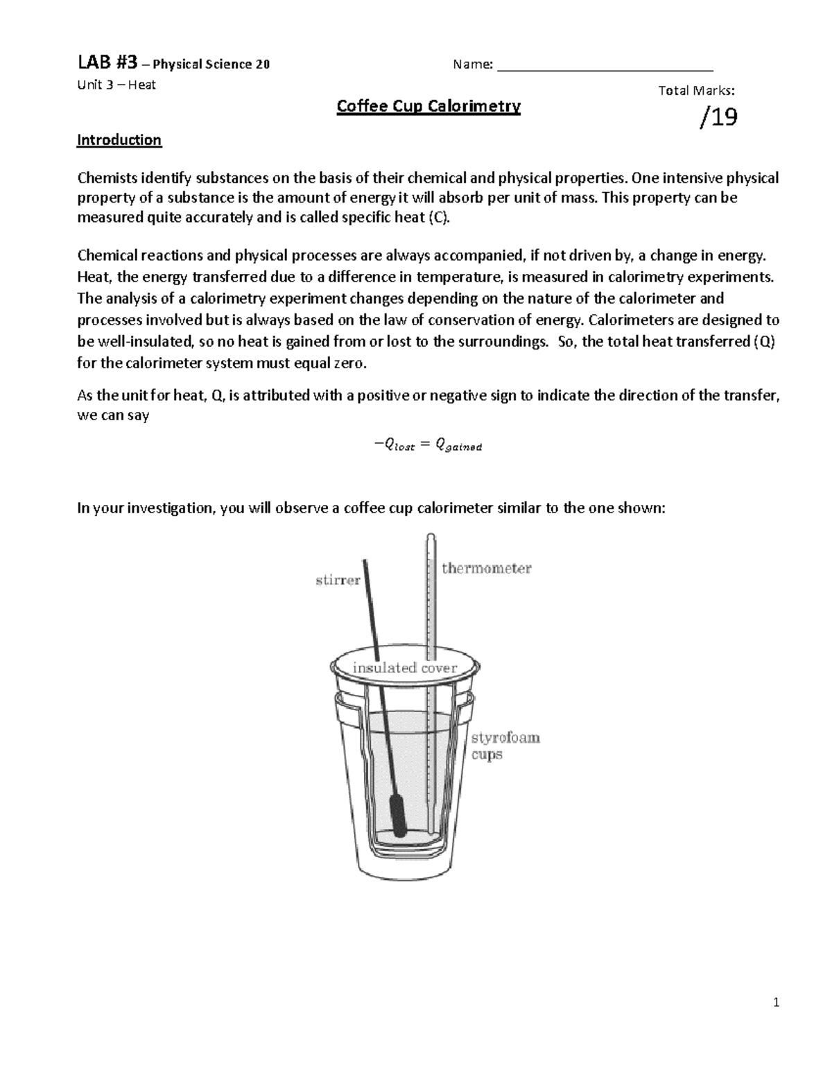 Calorimetry Experiment - Heat 2023 - LAB # 3 – Physical Science 2 0 ...