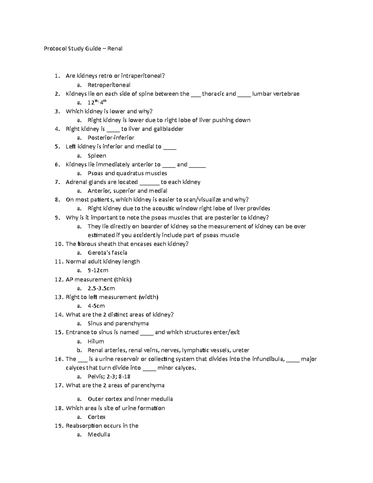 Protocol study guide - renal - Protocol Study Guide – Renal Are kidneys ...
