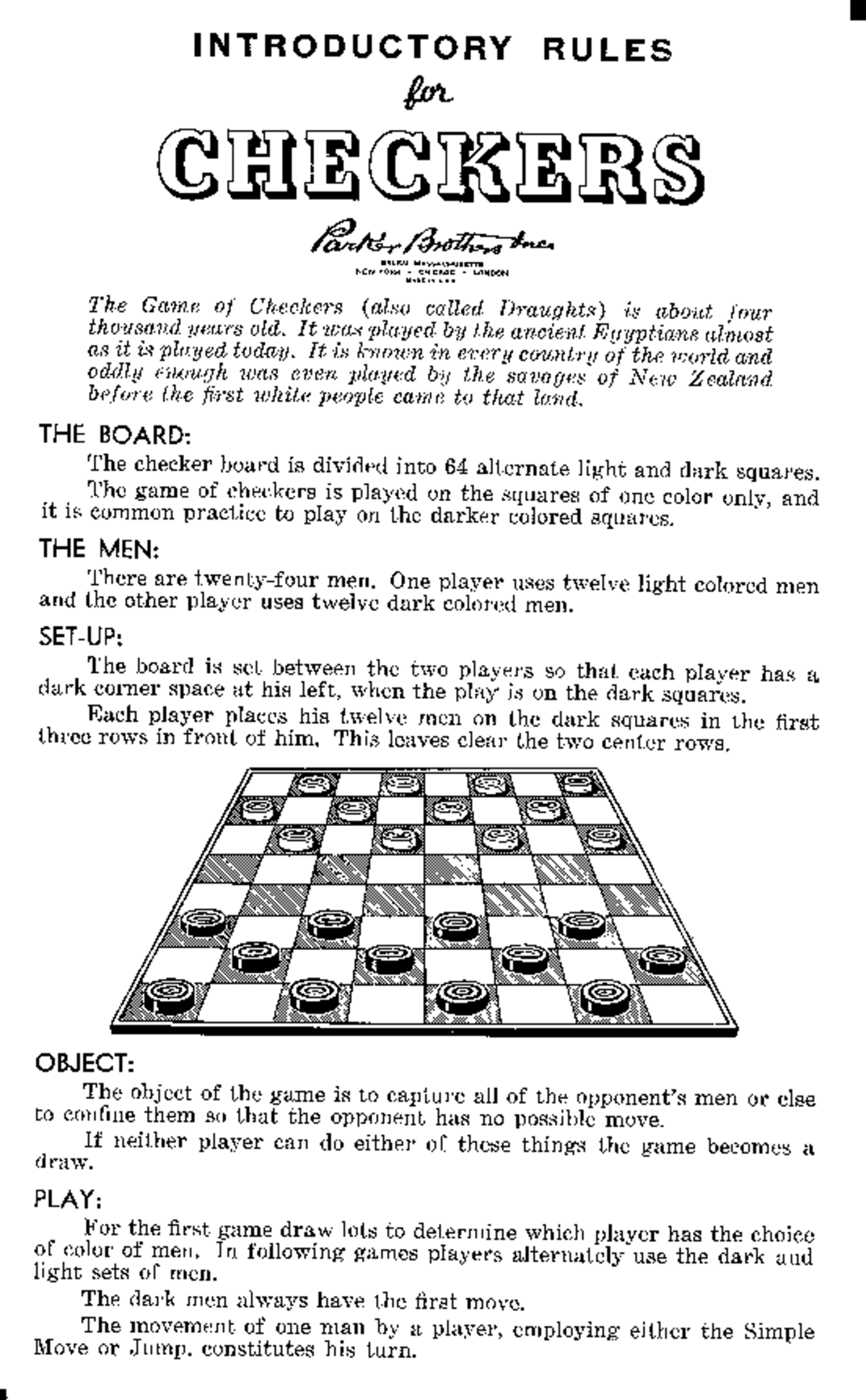 Checkers - INTRODUCTORY RULES for CHE CKERS Parker SALEM. MASSACHUSETTS ...
