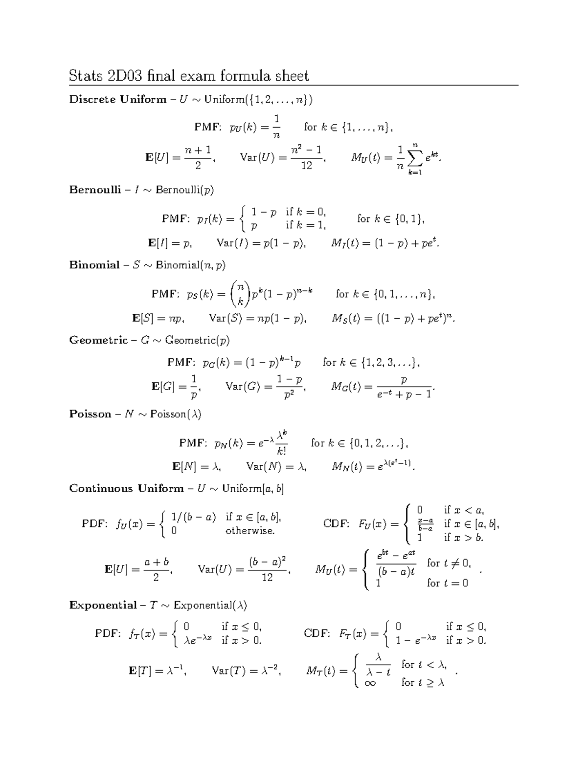 Final formula sheet - eee - Stats 2D03 final exam formula sheet Discrete Uniform – U ∼ Uniform ...