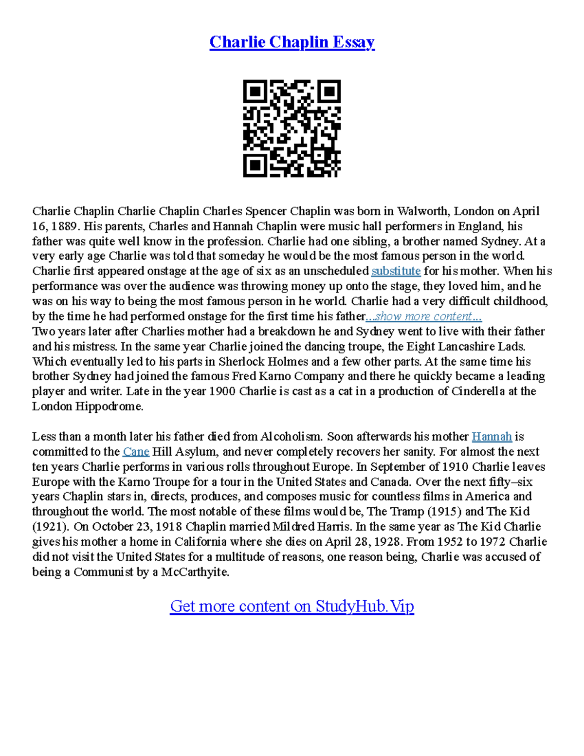 Charlie Chaplin Essay - Charlie Chaplin Essay Charlie Chaplin Charlie ...