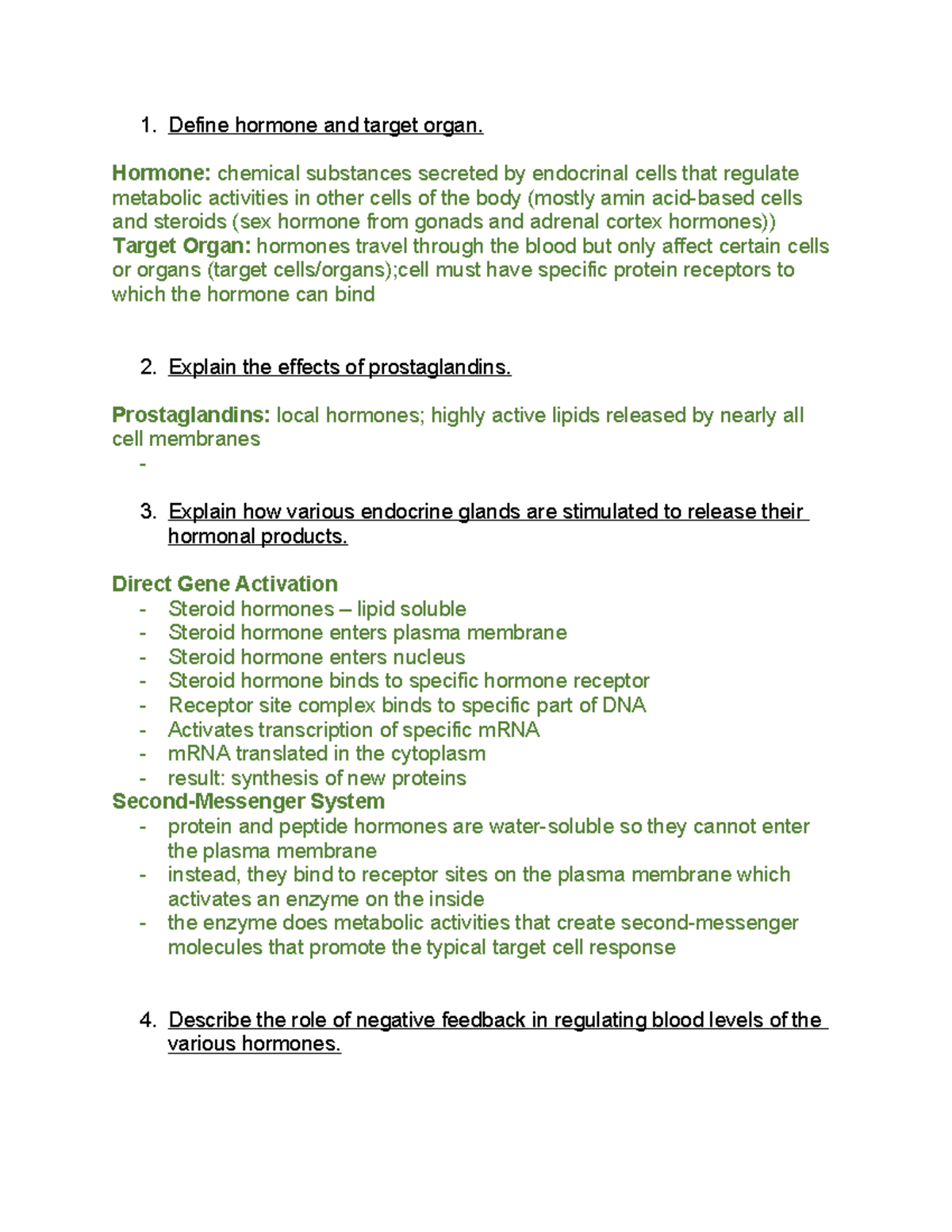 Endocrine System - learning outcomes answers - Define hormone and ...