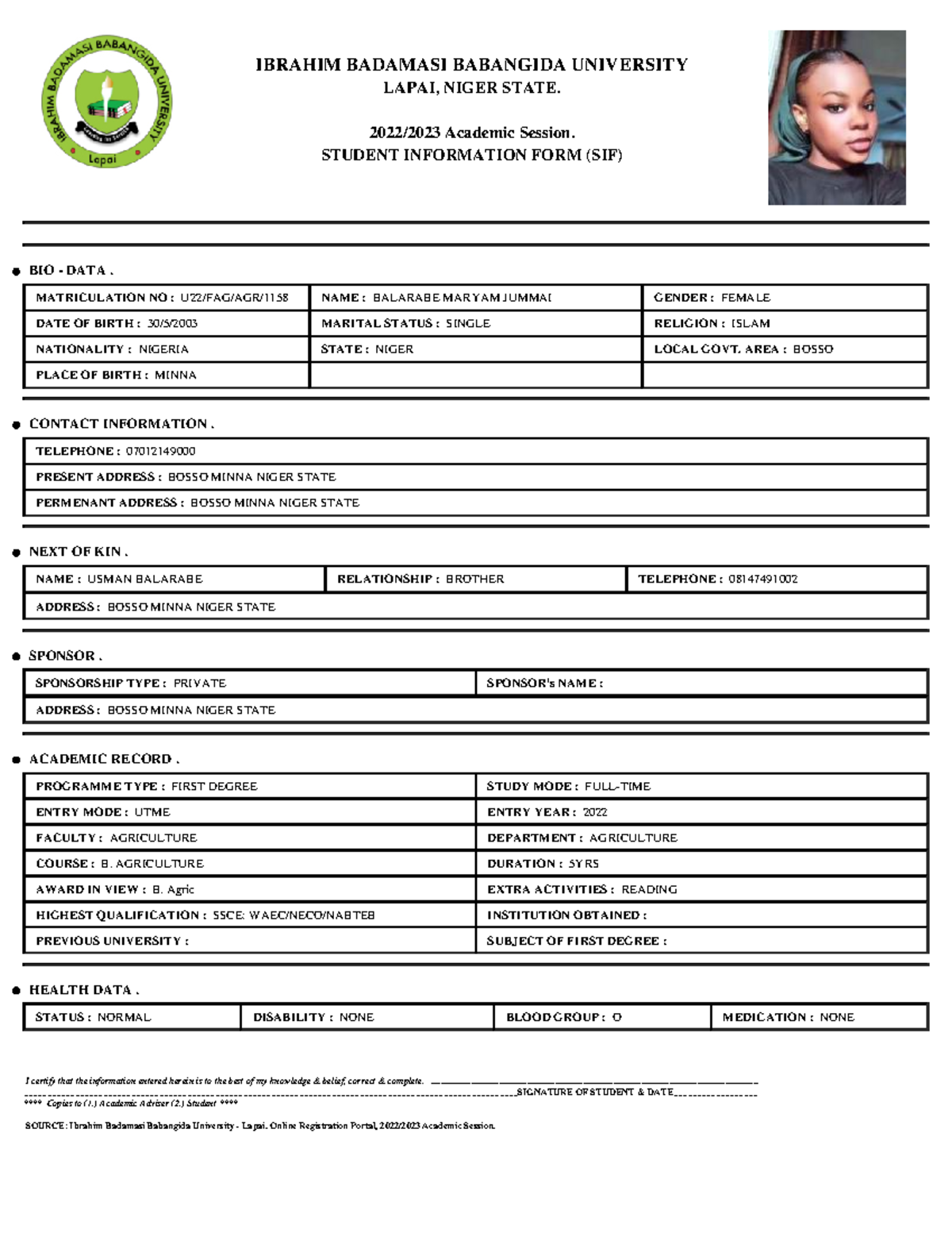 Ibbul UG Student Biodata Form - IBRAHIM BADAMASI BABANGIDA UNIVERSITY ...