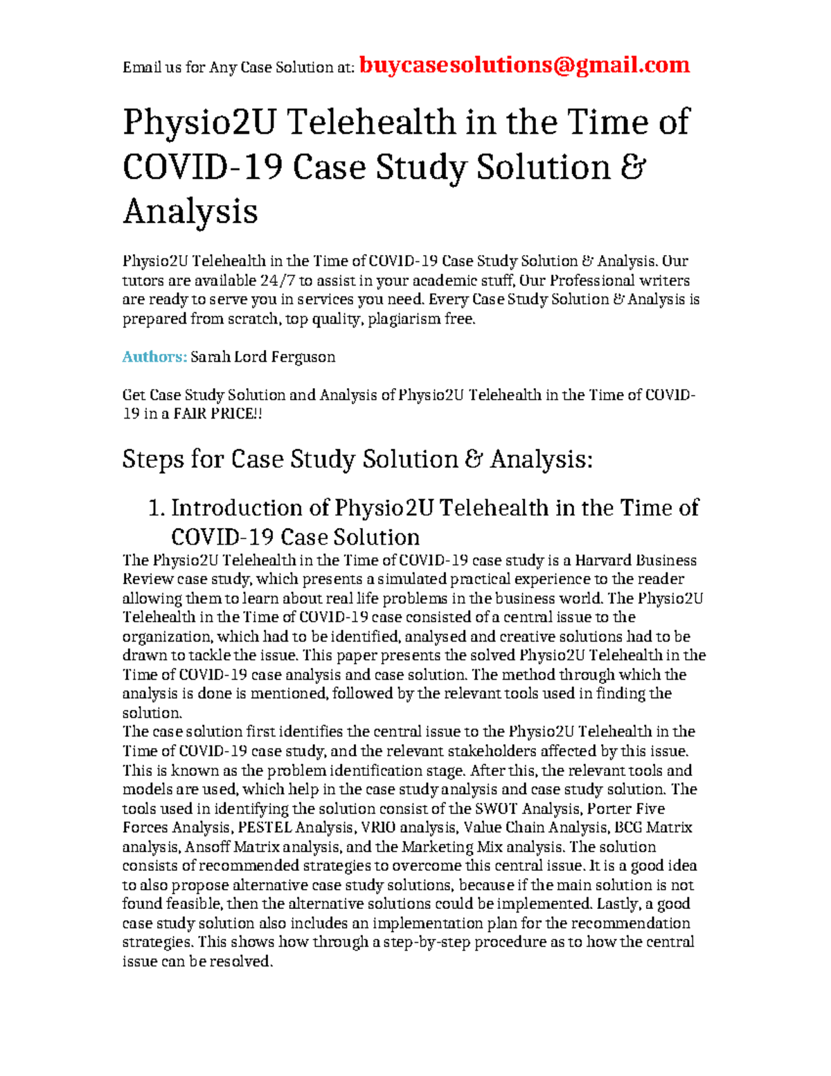 Physio 2U Telehealth in the Time of Covid-19 Case Study Solution Analysis - Physio2U Telehealth ...