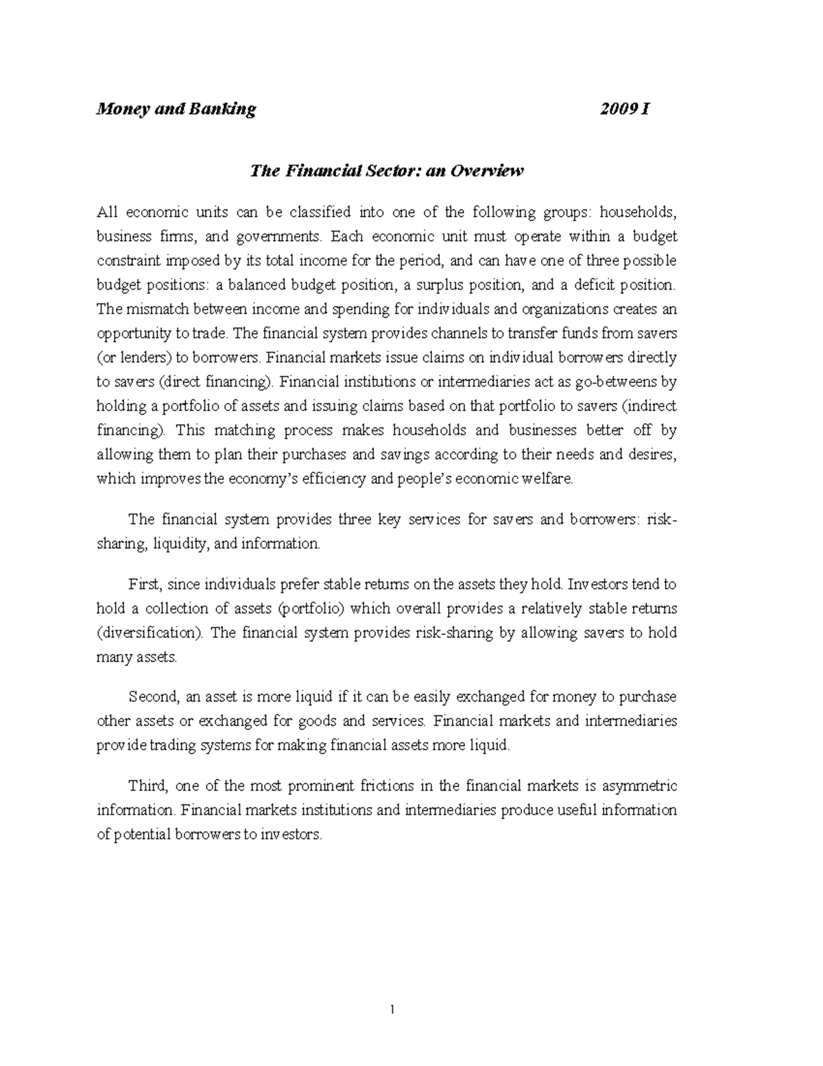 An Introductionto the Financial Sector - Money and Banking 2009 I The ...