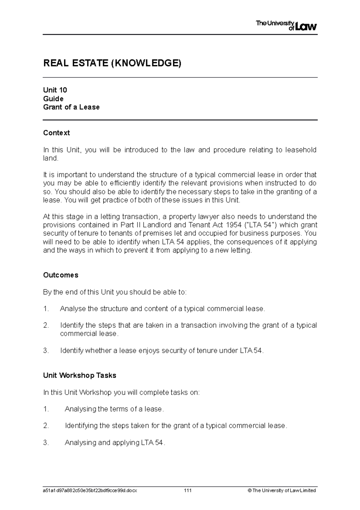 RE WS10 - Grant of a Lease - REAL ESTATE (KNOWLEDGE) Unit 10 Guide ...
