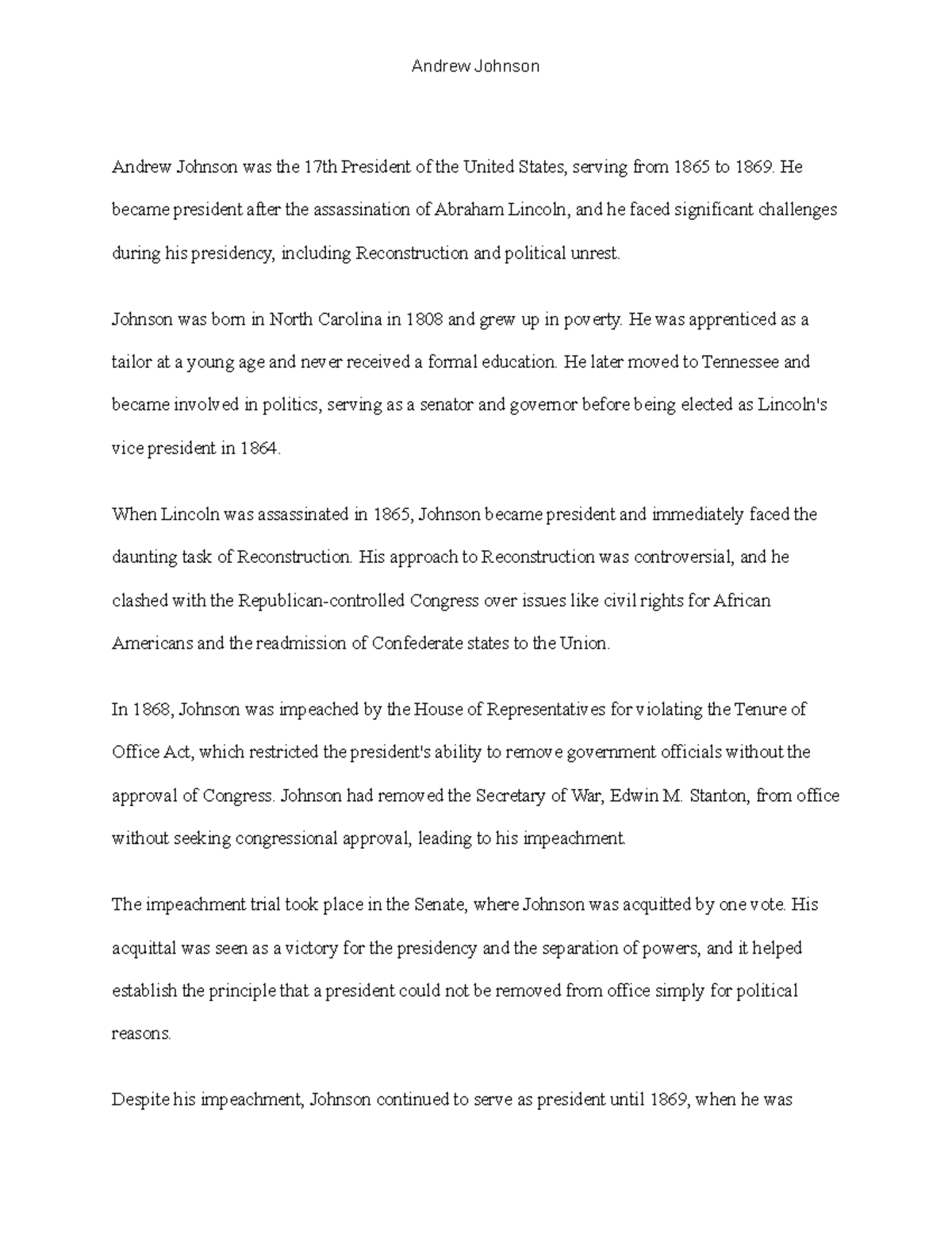 Andrew Johnson - Professor - Andrew Johnson Andrew Johnson was the 17th ...