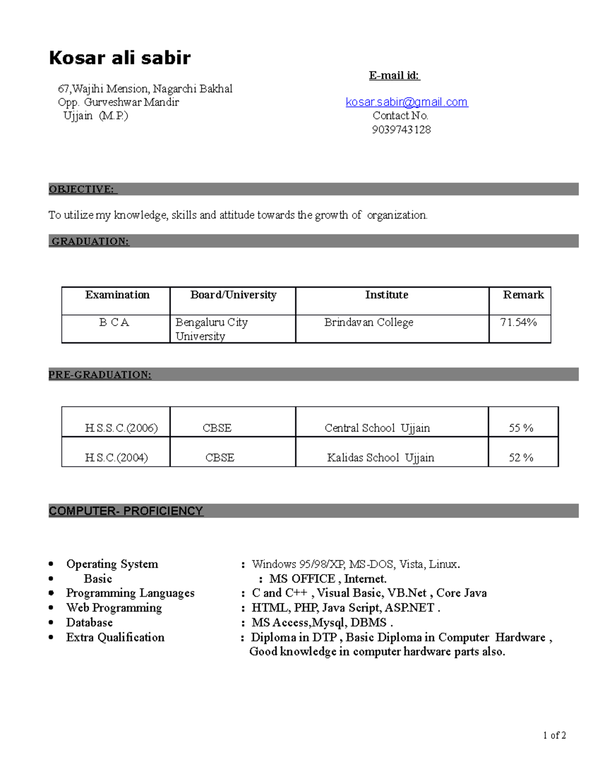 BCA Resume Format PBC Unit 3 Type 3 - Kosar ali sabir E-mail id: 67 ...