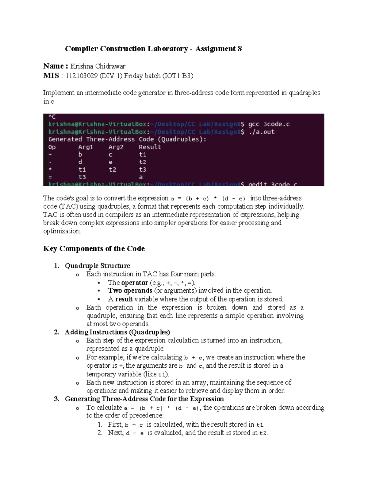 112103029 Krishna 8 - Practical exam code - Compiler Construction Laboratory - Assignment 8 Name ...