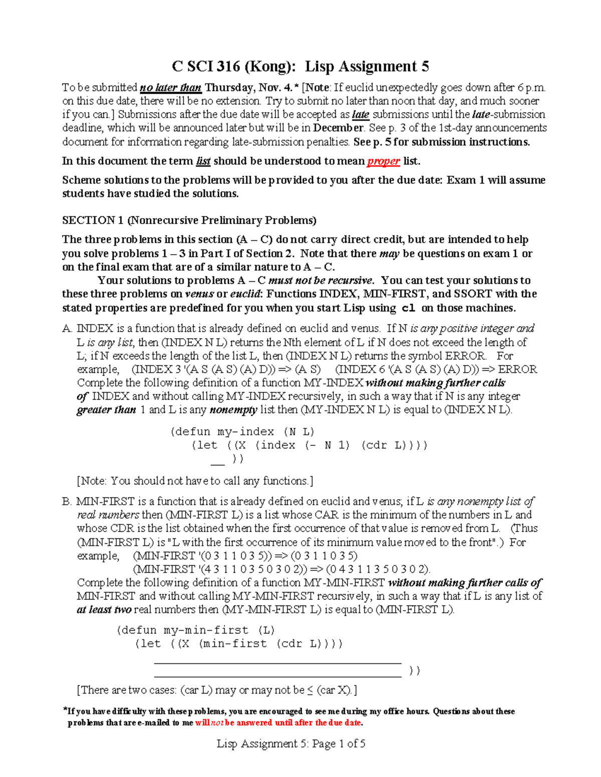 Assignment 5 Instructions C Sci 316 Kong Lisp Assignment 5 To Be Submitted No Later Than