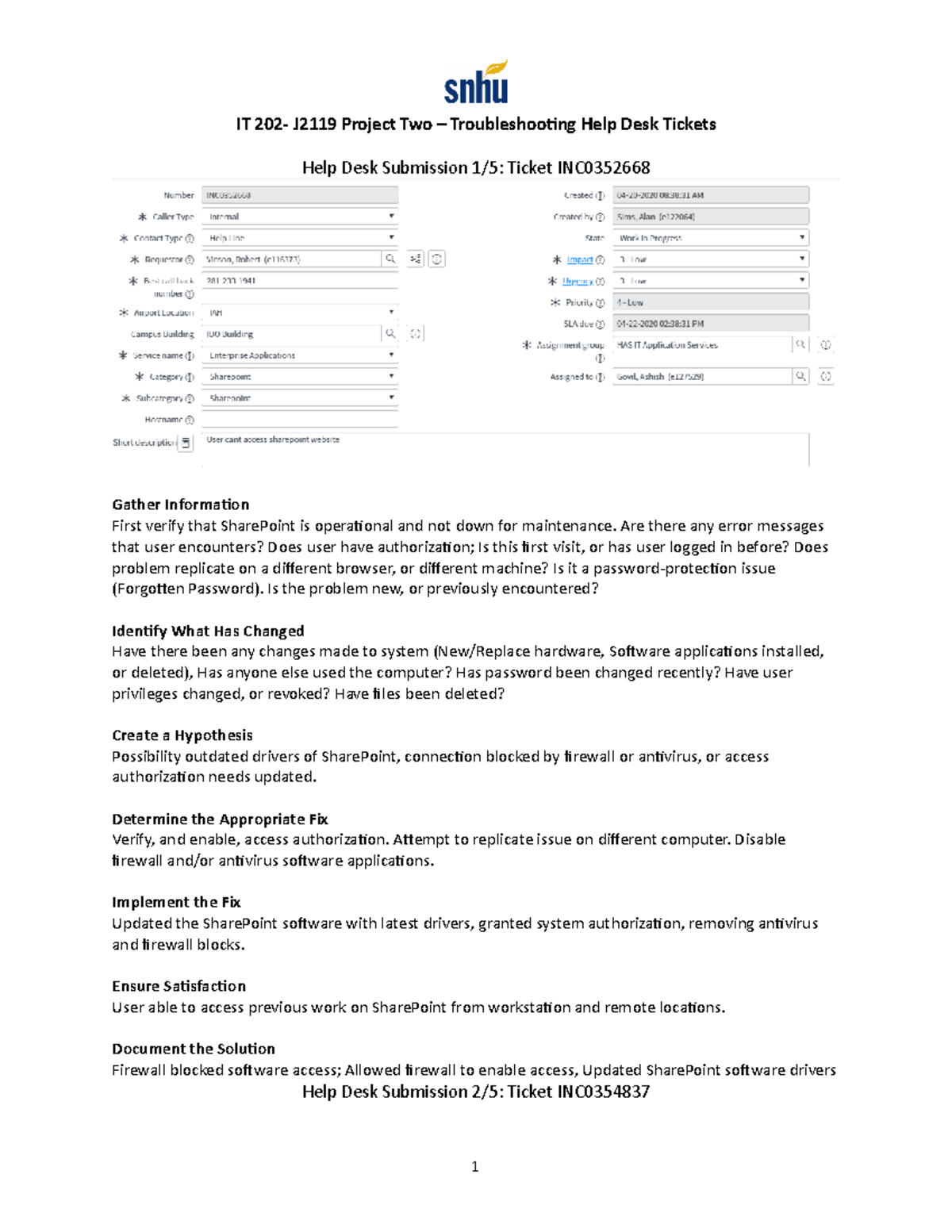 IT 202-J2119 Project Two - Troubleshoot Five Tickets - IT 202- J2119 ...
