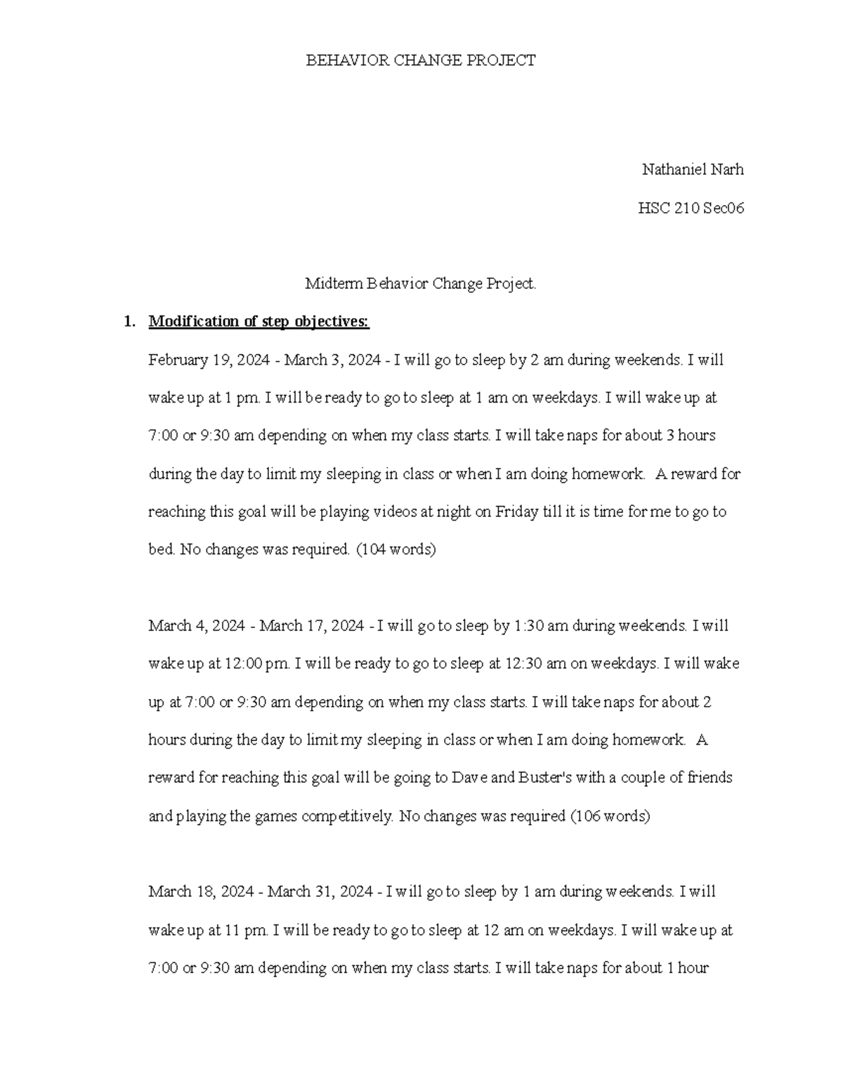 Midterm Behavior Contract - Nathaniel Narh HSC 210 Sec Midterm Behavior Change Project ...