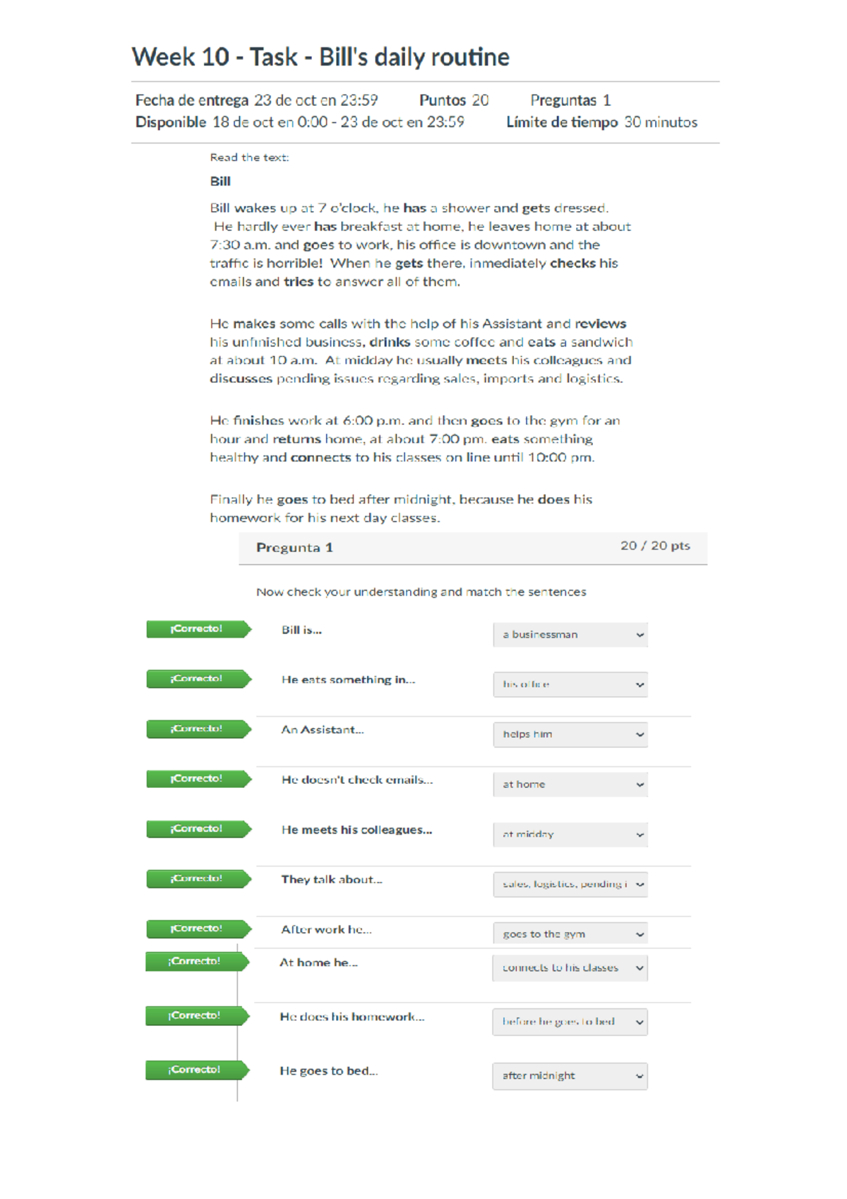 Week 10 - Task - Bill's daily routine - Ingles 1 - Ingles I - UTP - Studocu