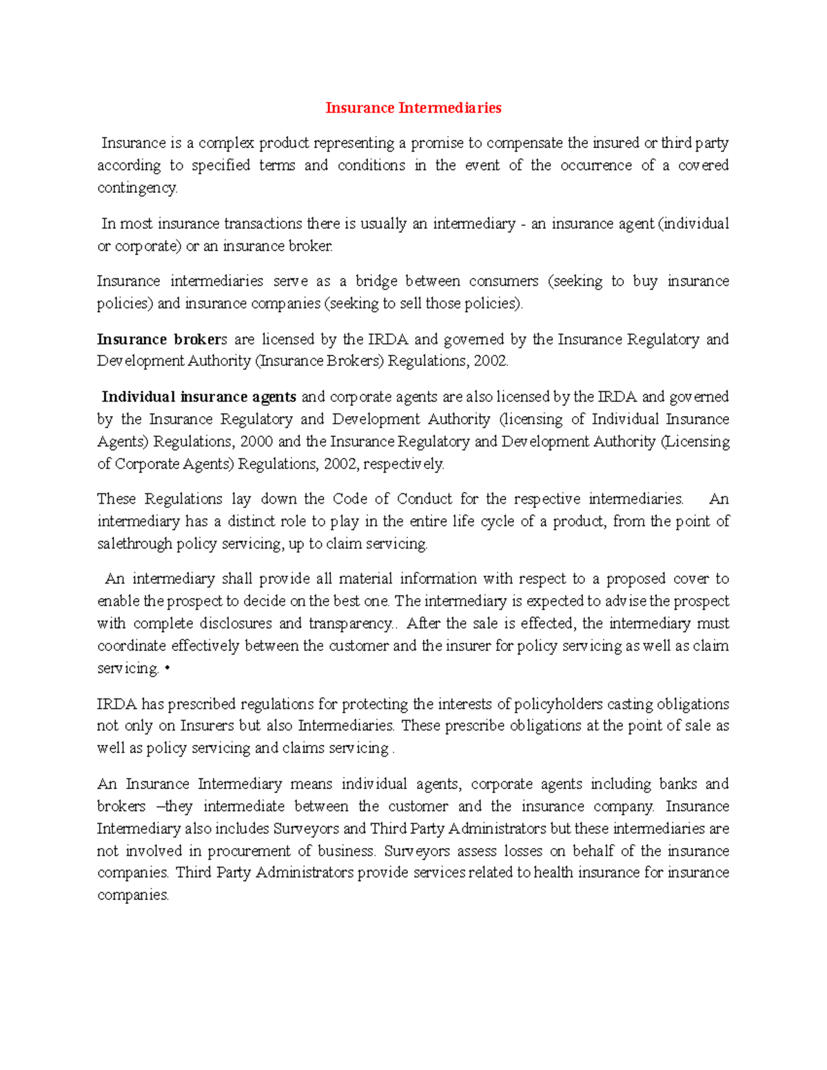 Insurance Intermediaries - Insurance Intermediaries Insurance is a ...