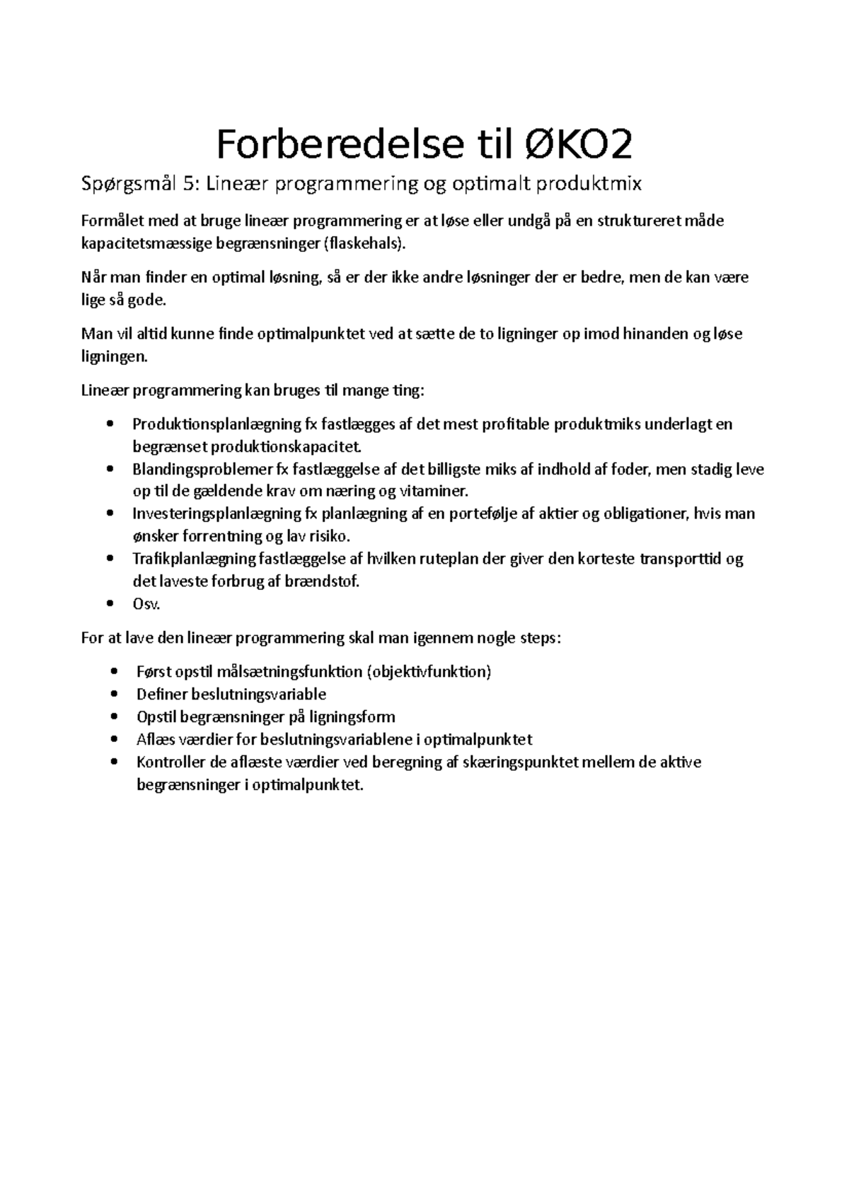 Lineær programmering - Noter der passer til besvarelse af mundlig eksamen - Forberedelse til ØKO ...