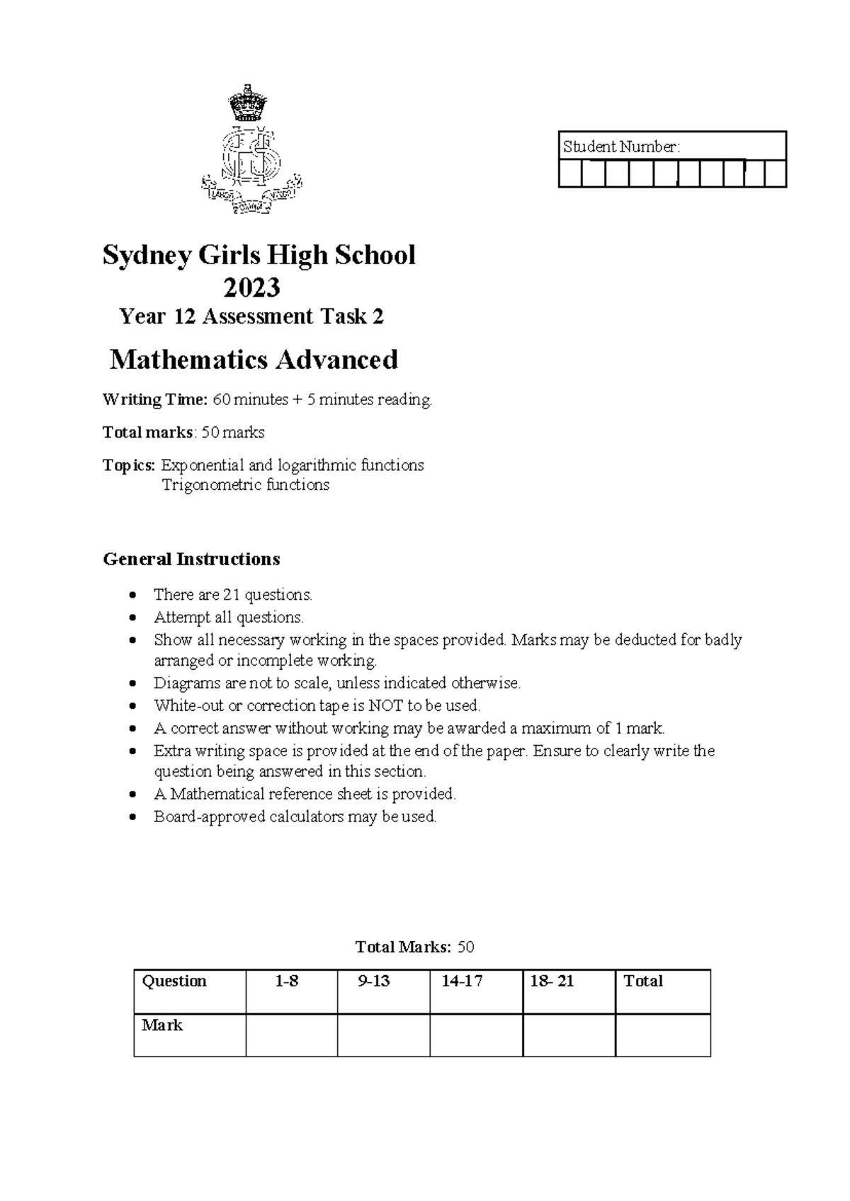 2023 Year 12 Mathematics Advanced Task 2 - Student Number: Sydney Girls ...