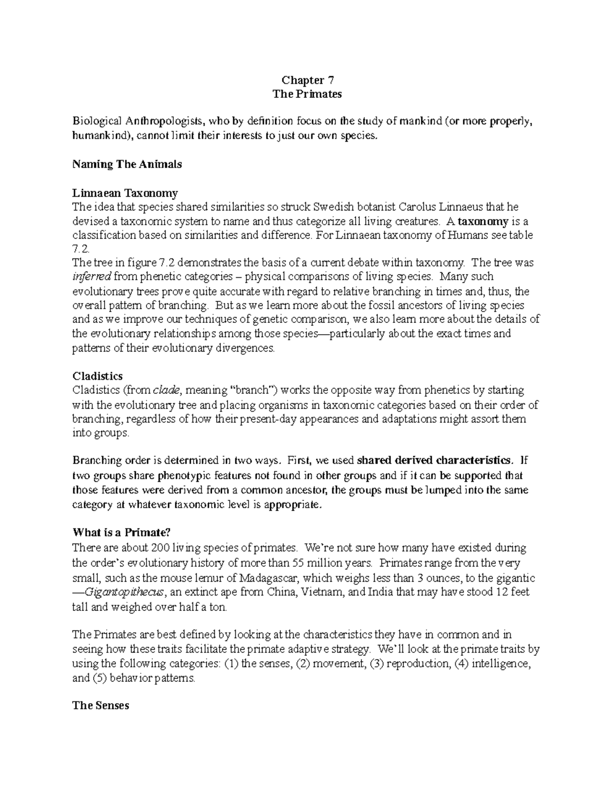 Chapter 7 Anthro notes - Chapter 7 The Primates Biological ...
