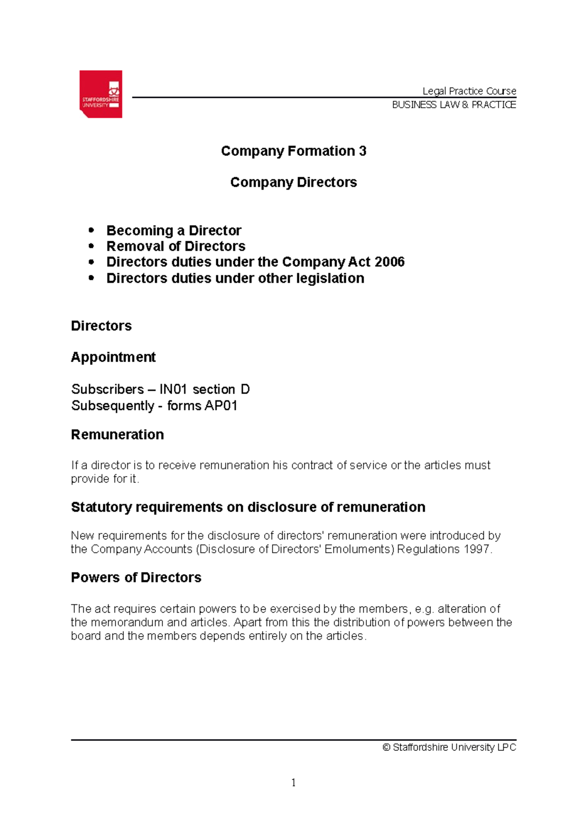 Handout Directors 2022-23 - BUSINESS LAW & PRACTICE Company Formation 3 ...