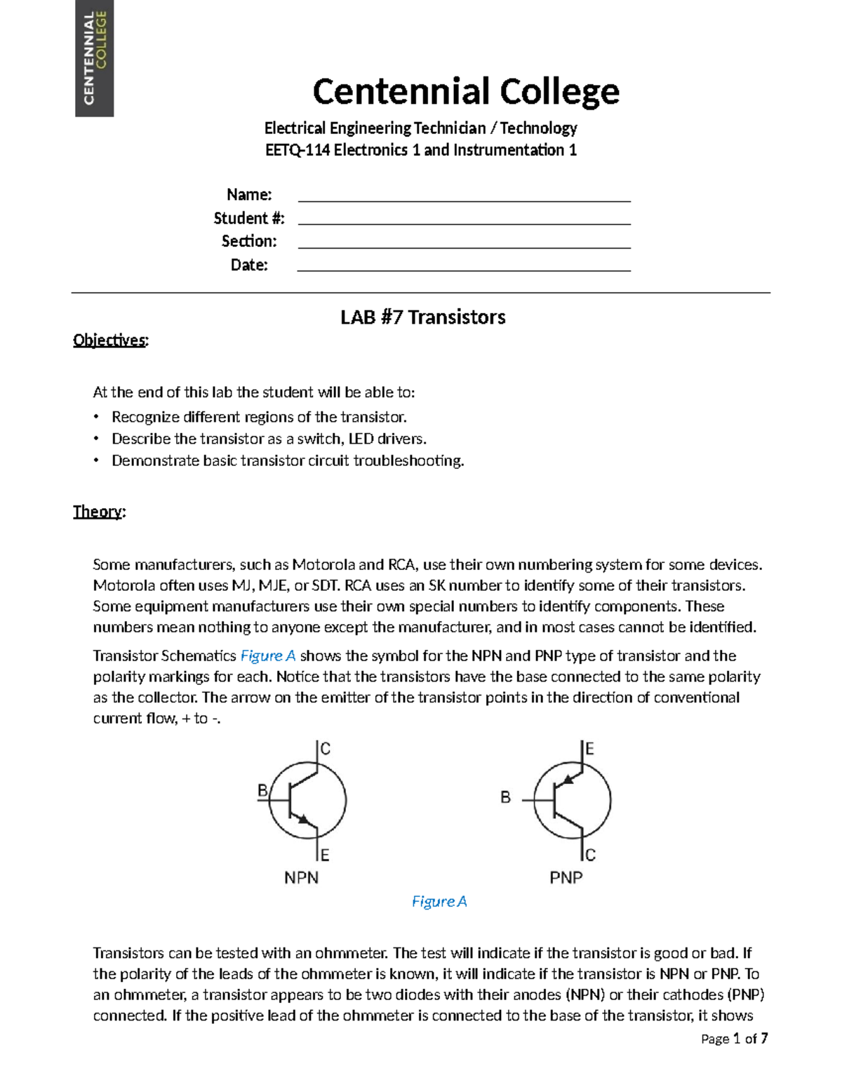 EETQ 114 Lab 7 - Transistors - Centennial College Electrical ...