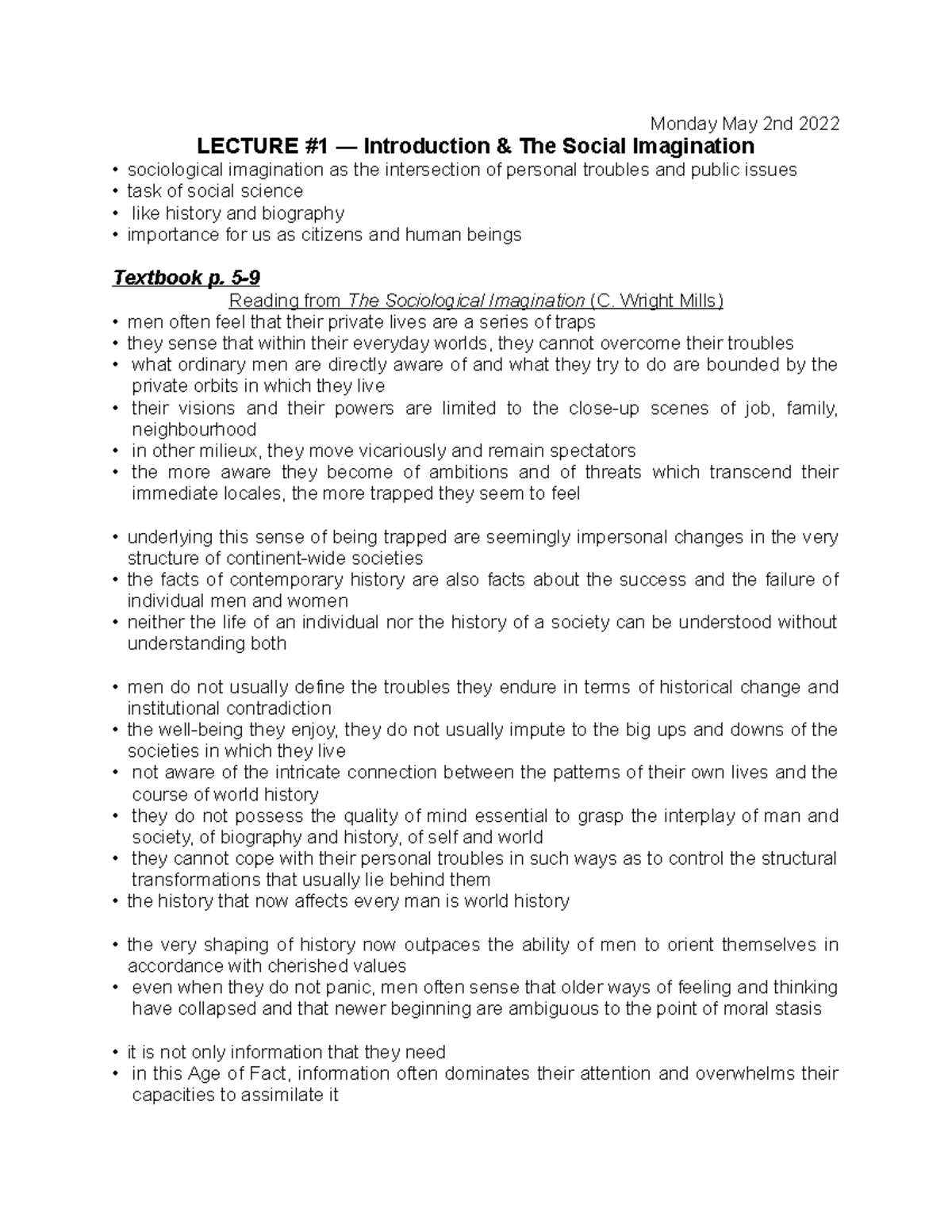 SOci 210 Notes - Monday May 2nd 2022 LECTURE #1 — Introduction & The ...