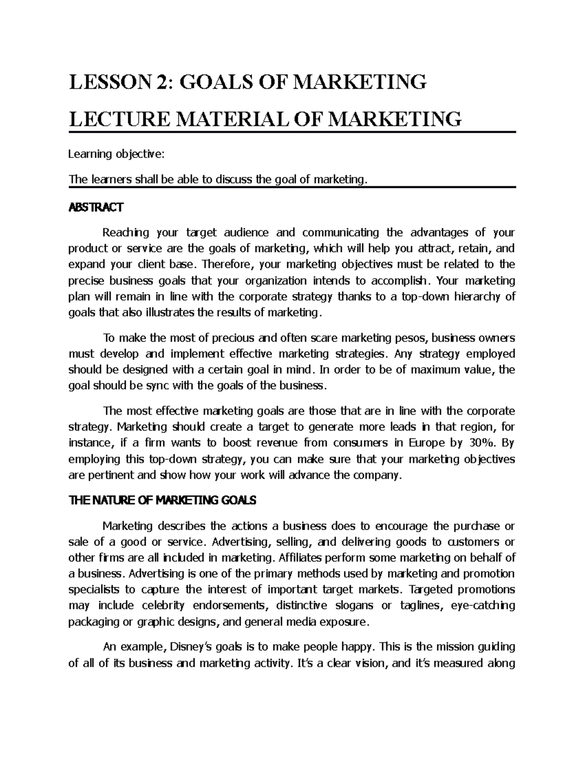 Goals OF Marketing - LESSON 2: GOALS OF MARKETING LECTURE MATERIAL OF ...
