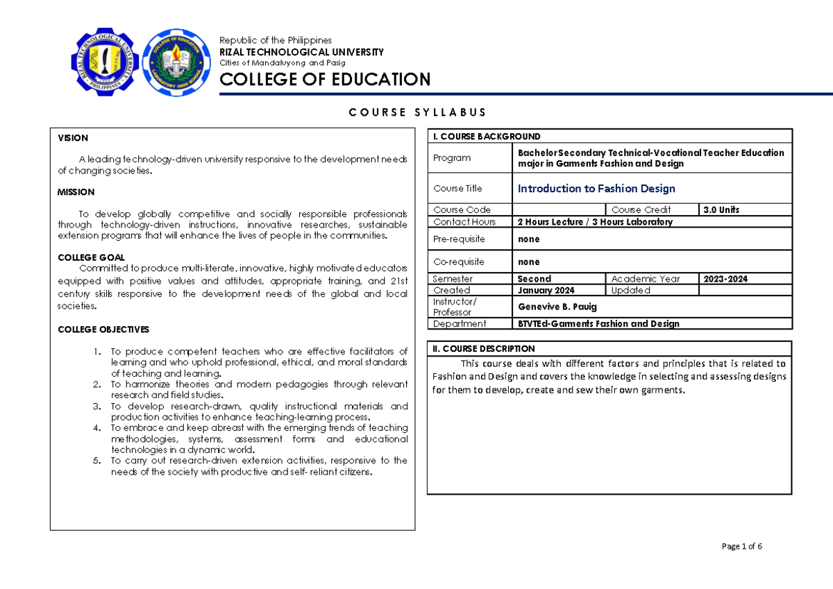 GFD-225- Syllabus - C O U R S E S Y L L A B U S Cdf I. COURSE ...