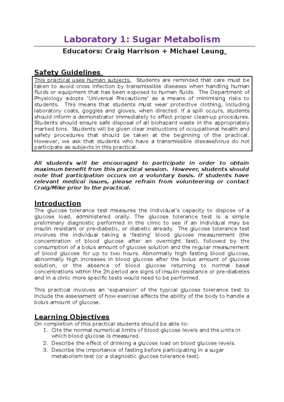 Sugar Metabolism Practical Notes - Laboratory 1: Sugar Metabolism ...