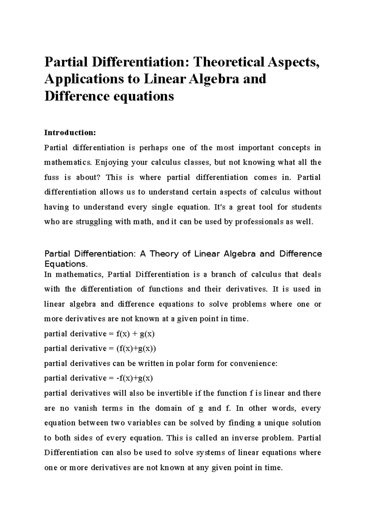 Partial Differentiation: Theoretical Aspects, Applications to Linear ...