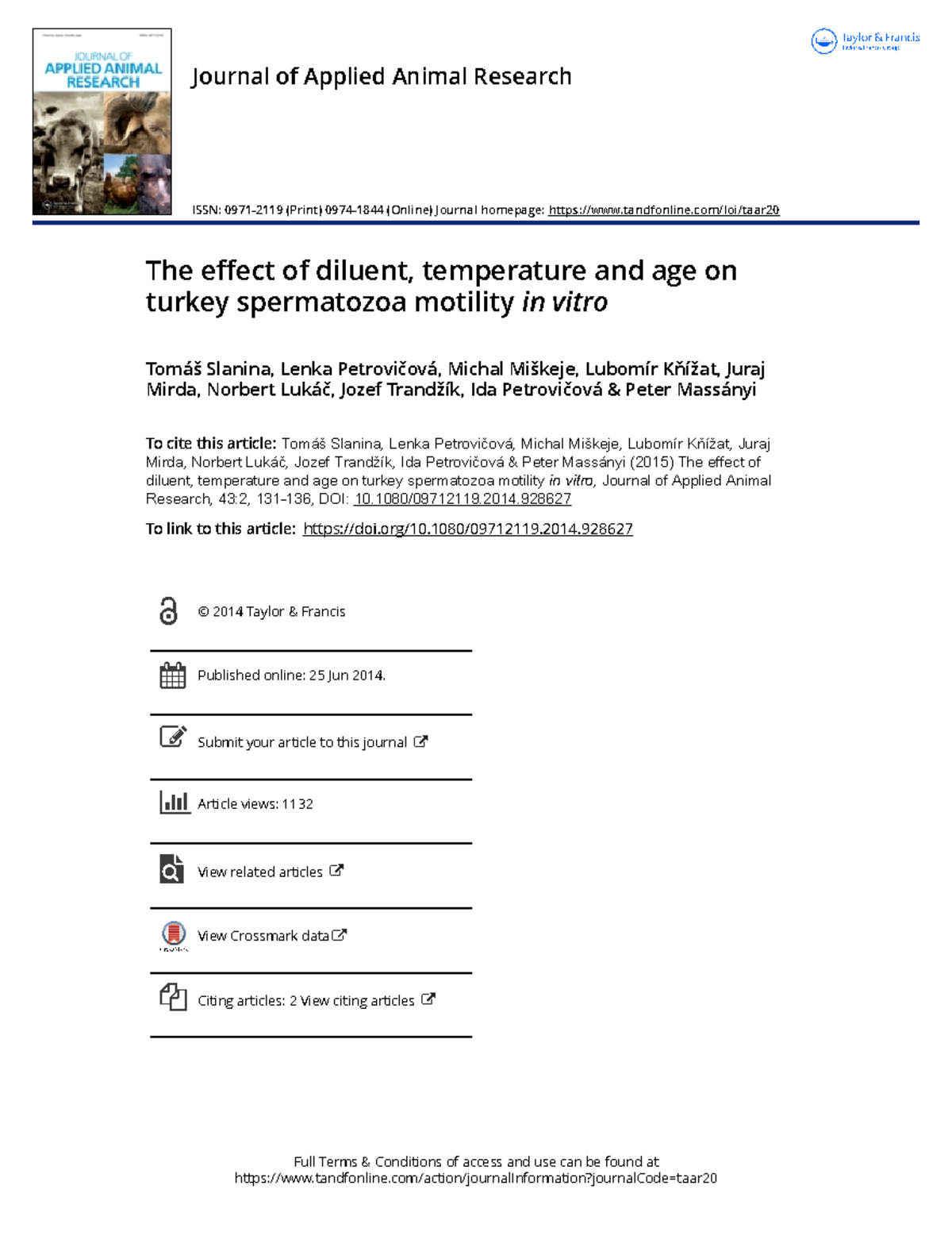 The effect of diluent temperature and age on turkey spermatozoa ...