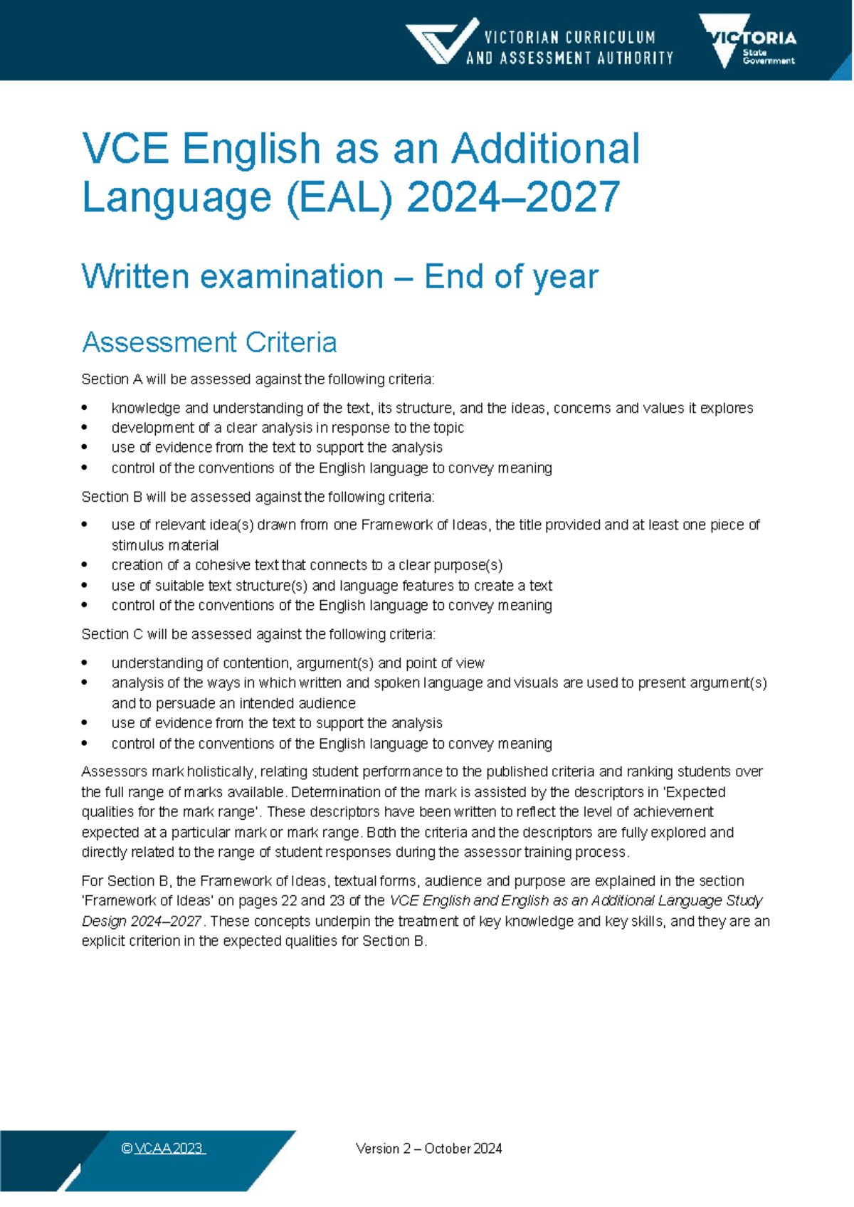 Eal crit descriptors w - Sunset Belovaurd - VCE English as an ...