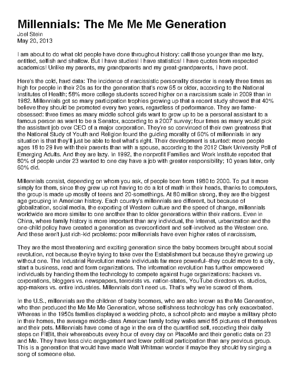 Millennials-Time - A reading article - Millennials: The Me Me Me ...