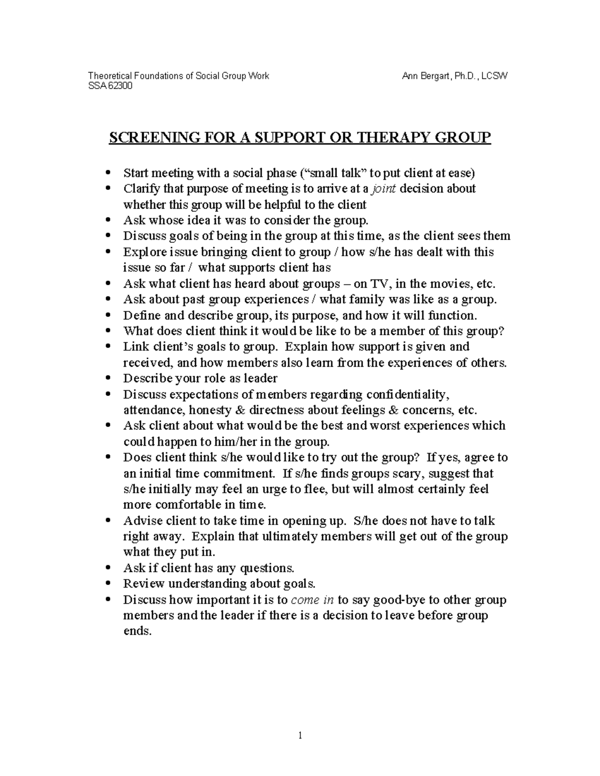 Screeningforasupportortherapygroup - Theoretical Foundations of Social ...