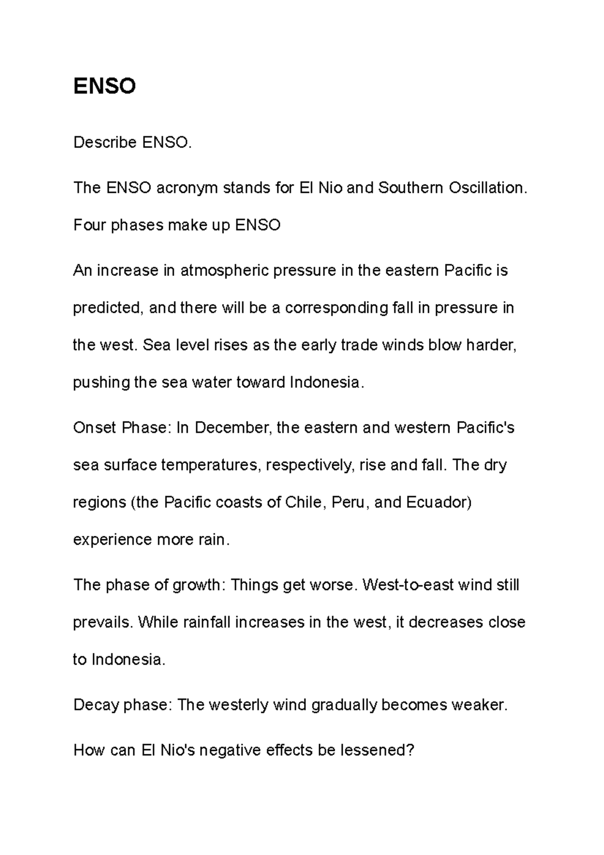 ENSO - Manish Sir - ENSO Describe ENSO. The ENSO acronym stands for El ...