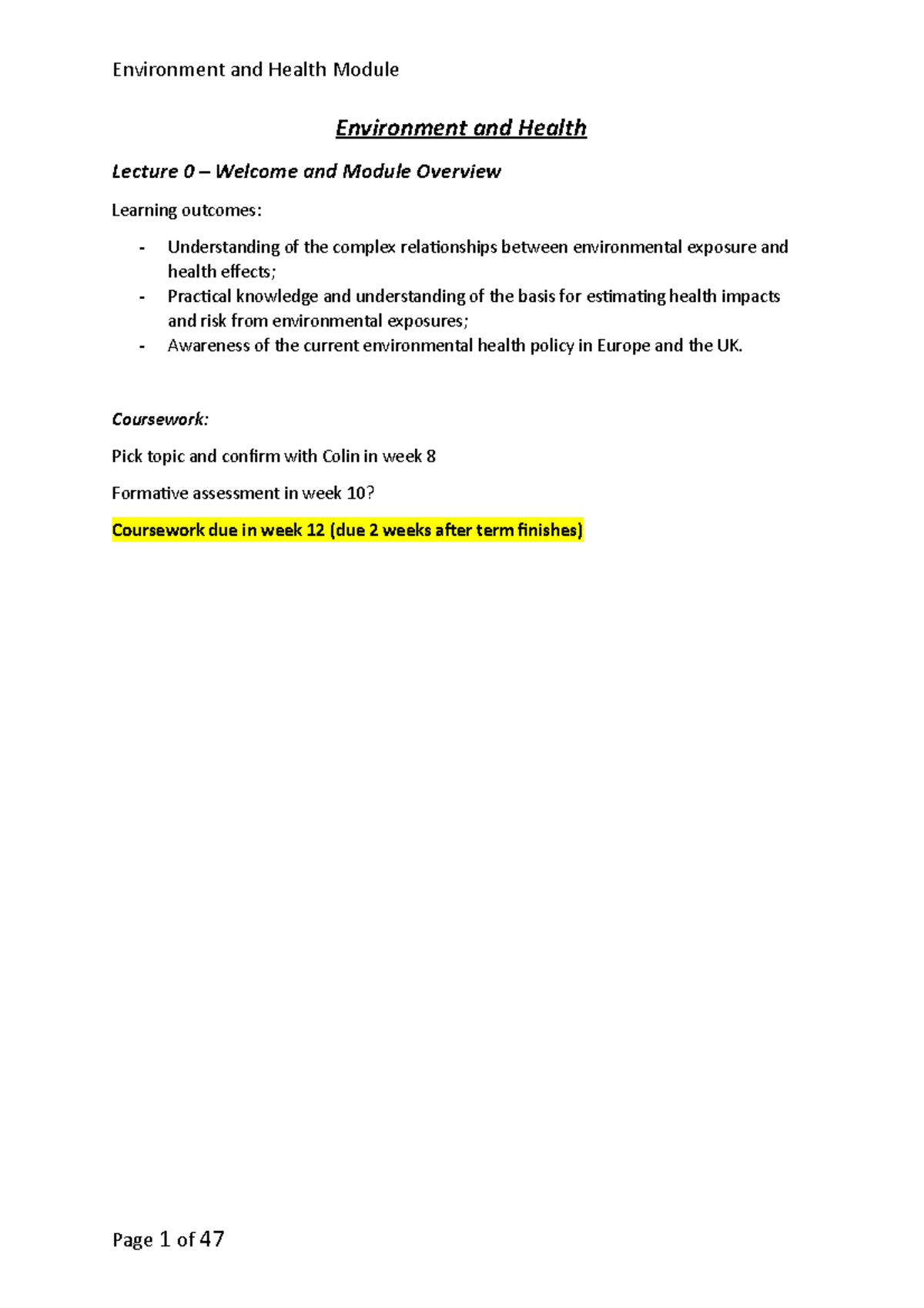 Environment and Health Lecture Notes - Environment and Health Lecture 0 ...