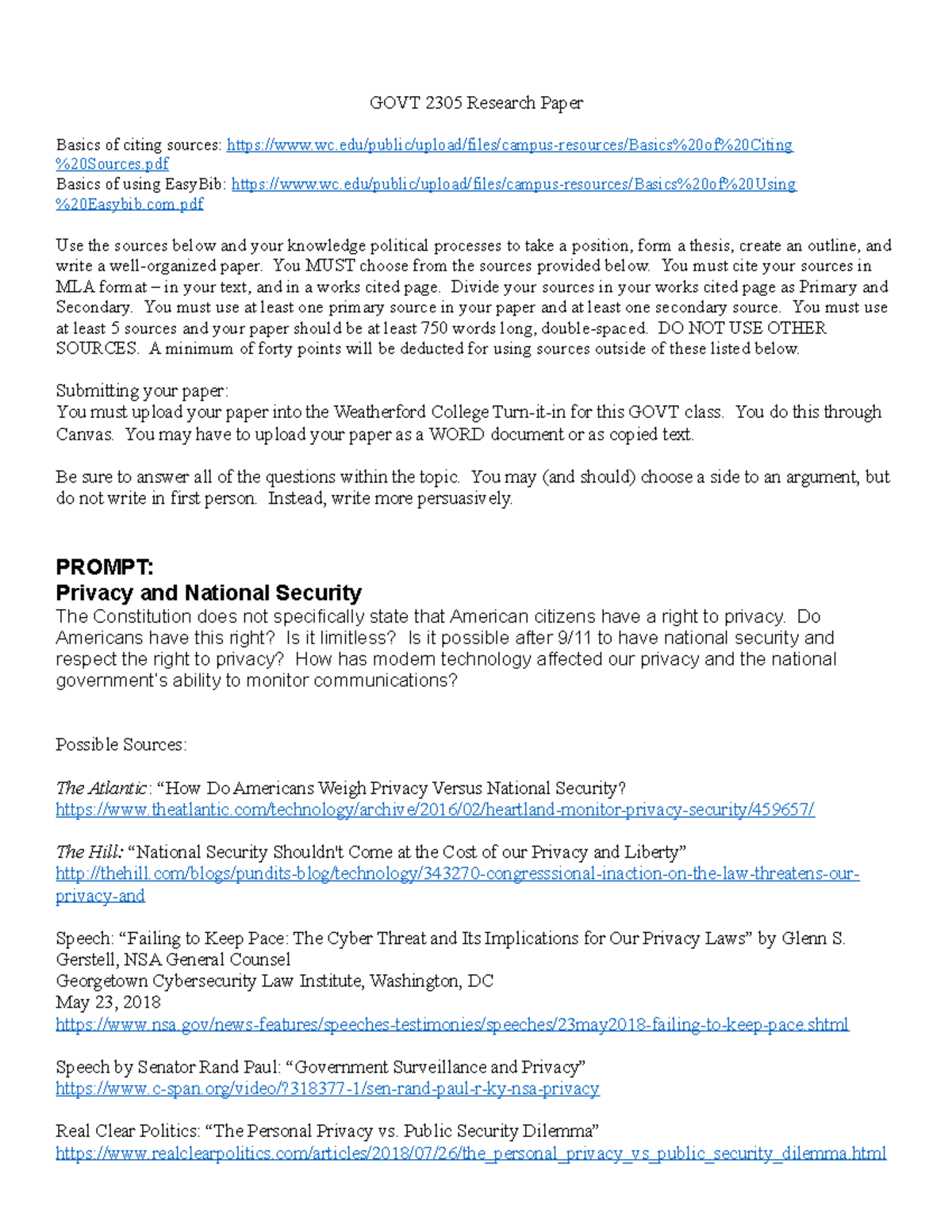 GOVT 2305 Research Paper Privacy and National Security - GOVT 2305 ...