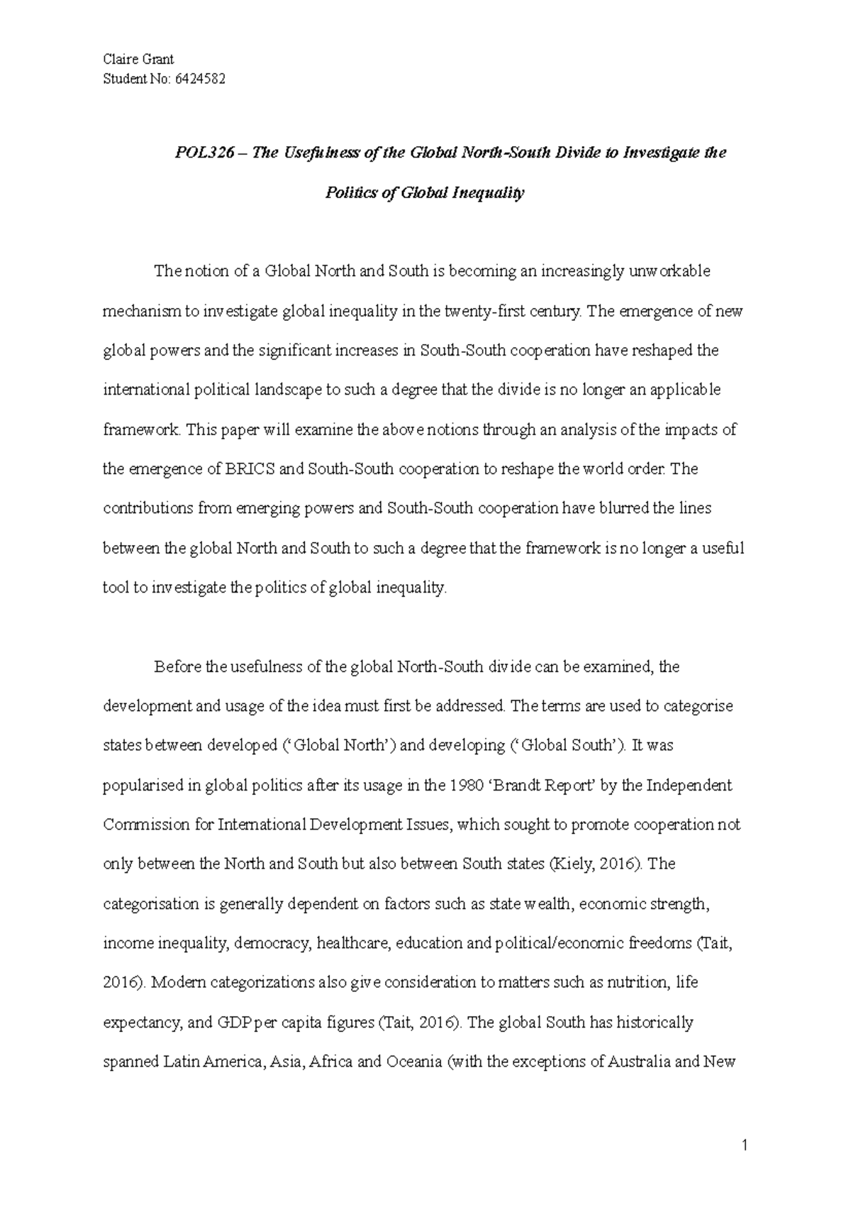 POL326 - Examining the Usefulness of the Global North-South Divide - Claire GrantStudent No ...