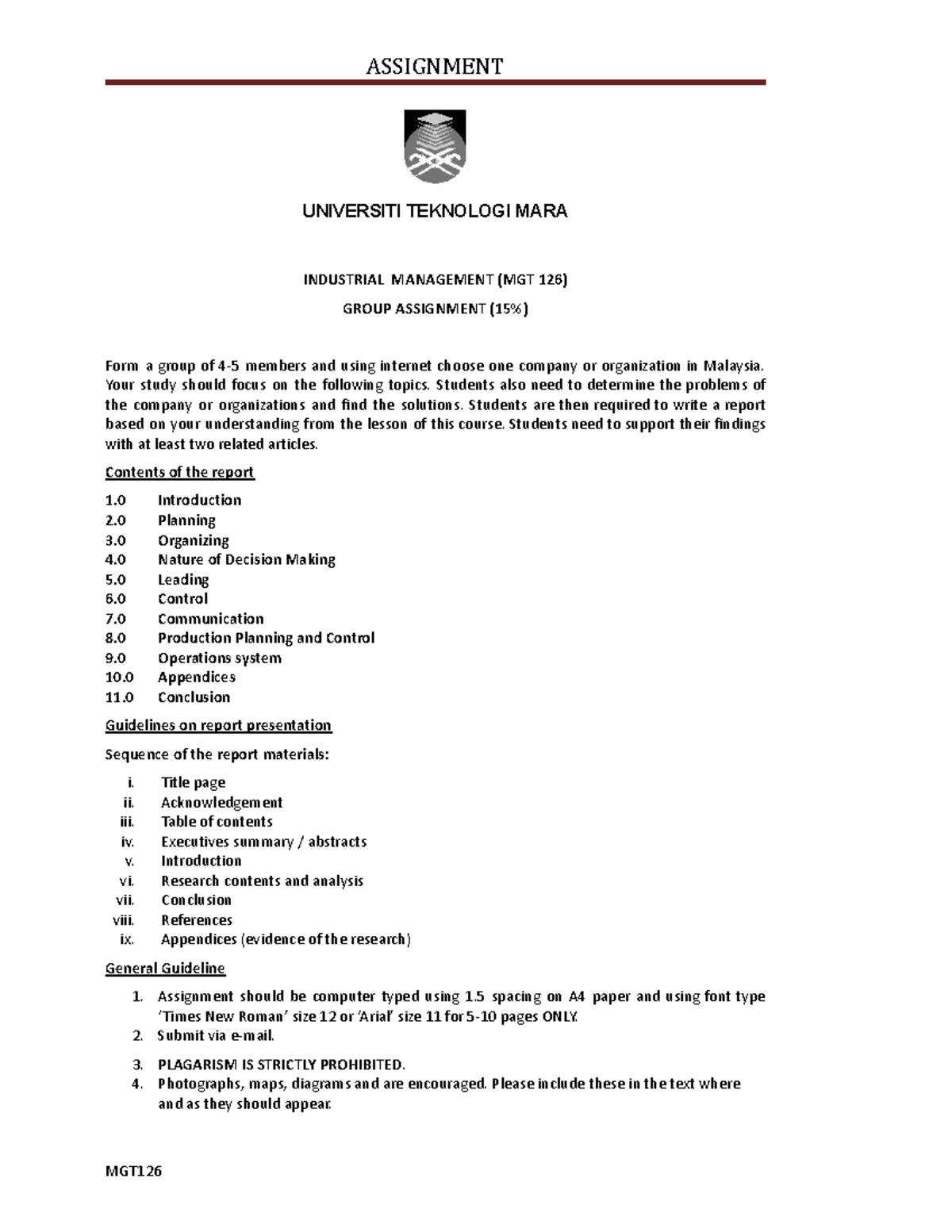 Assignment MGT 126 - ASSIGNMENT UNIVERSITI TEKNOLOGI MARA INDUSTRIAL ...