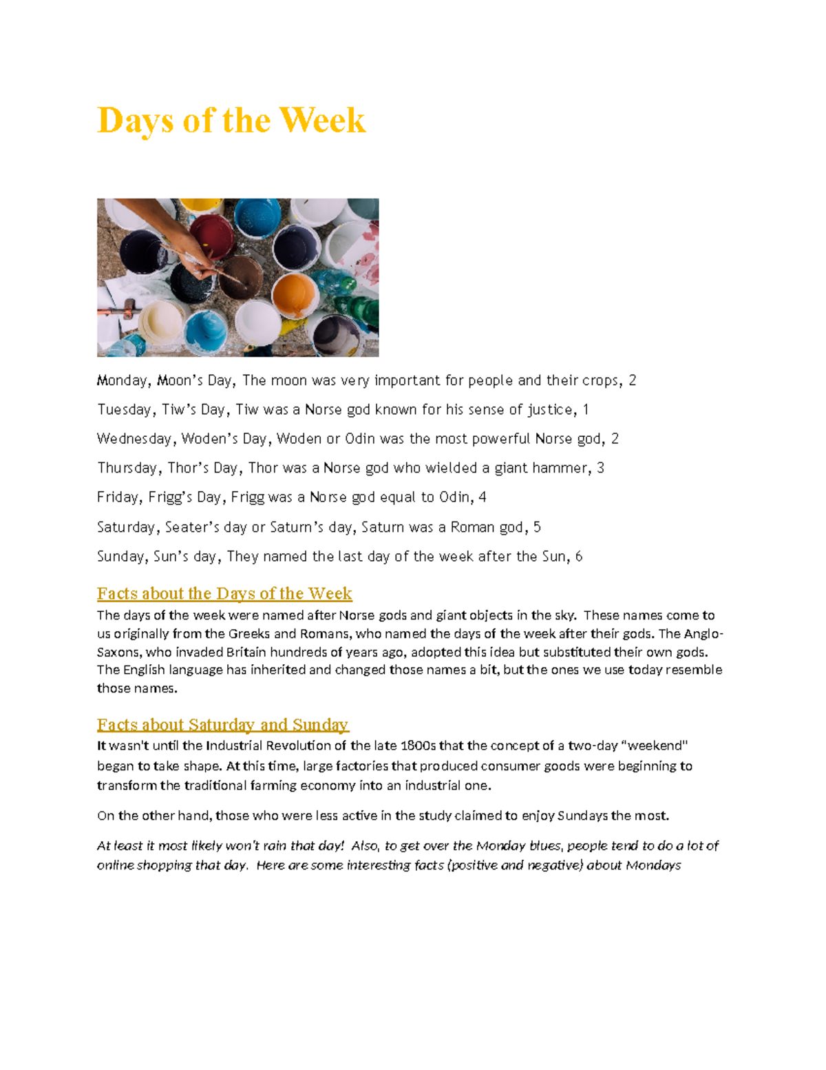 Project 3 - Days of the Week Monday, Moon’s Day, The moon was very ...