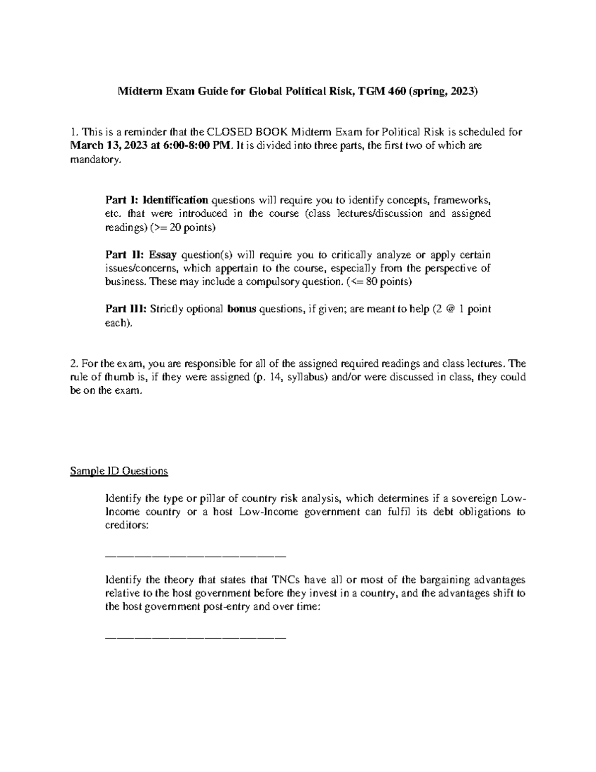 Mid Aid GRisk Sp 23 - midterm exam - Midterm Exam Guide for Global ...