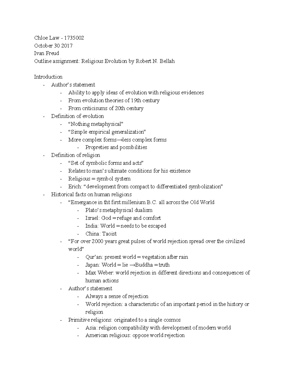 Outline assignment: Religious Evolution by Robert N. Bellah - Chloe Law ...