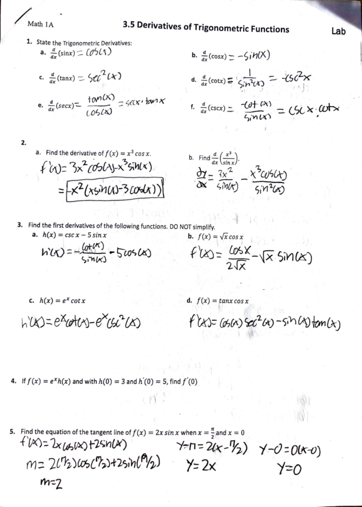 MAT-1A - week 5 lab - ,~ath IA • 3 Derivatives of Trigonometric ...