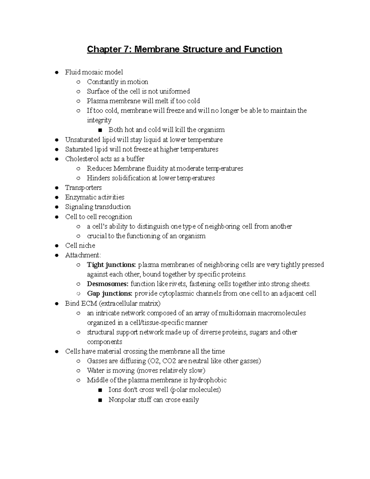 Chapter 7 notes - Chapter 7: Membrane Structure and Function Fluid ...