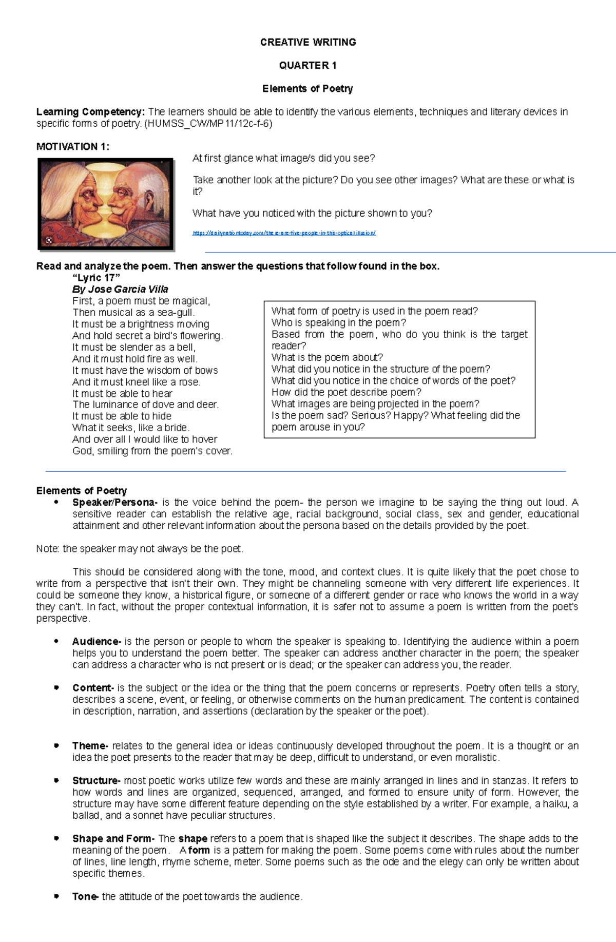 Handouts in Elements of Poetry - CREATIVE WRITING QUARTER 1 Elements of ...