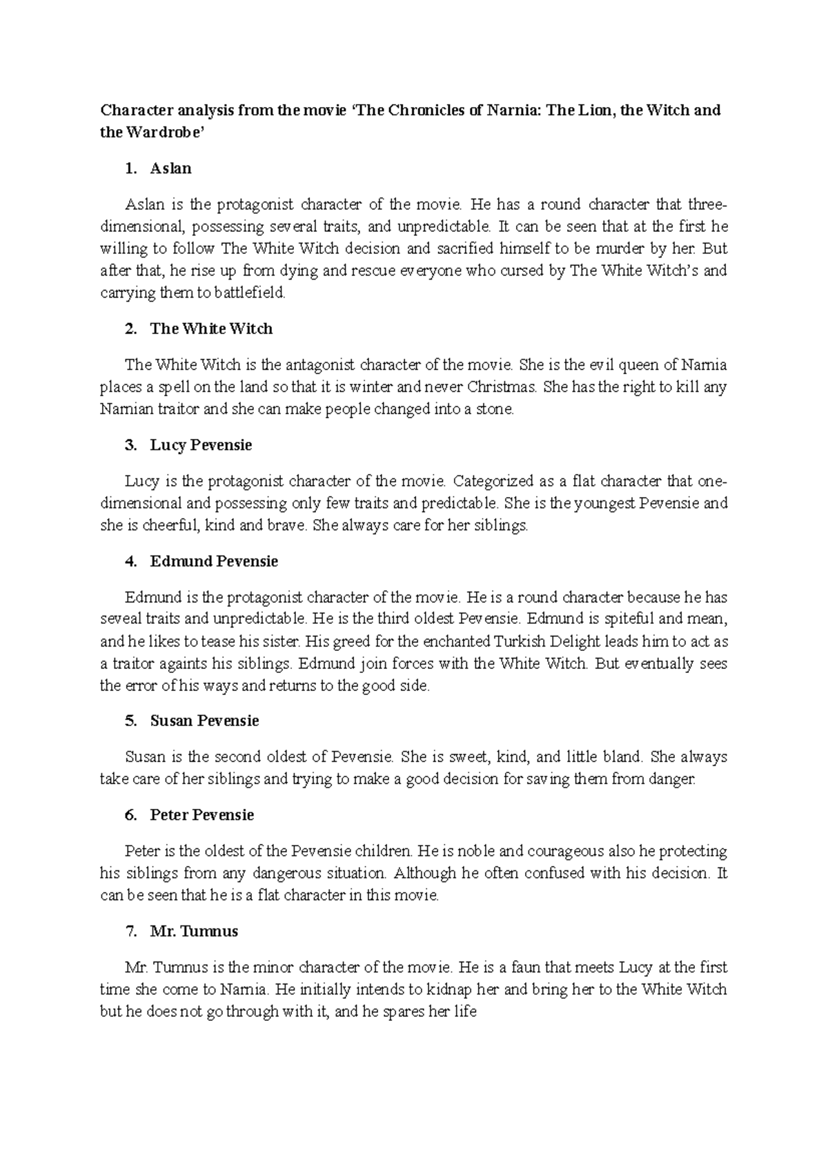 Character and Setting Analysis The Chronicles of Narnia - Character ...