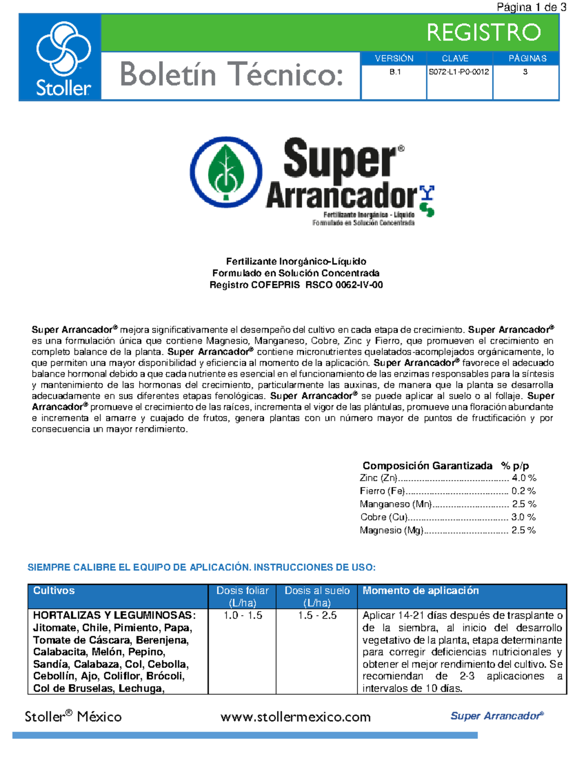 BT Super Arrancador - Página 1 de 3 REGISTRO Boletín Técnico: VERSIÓN ...